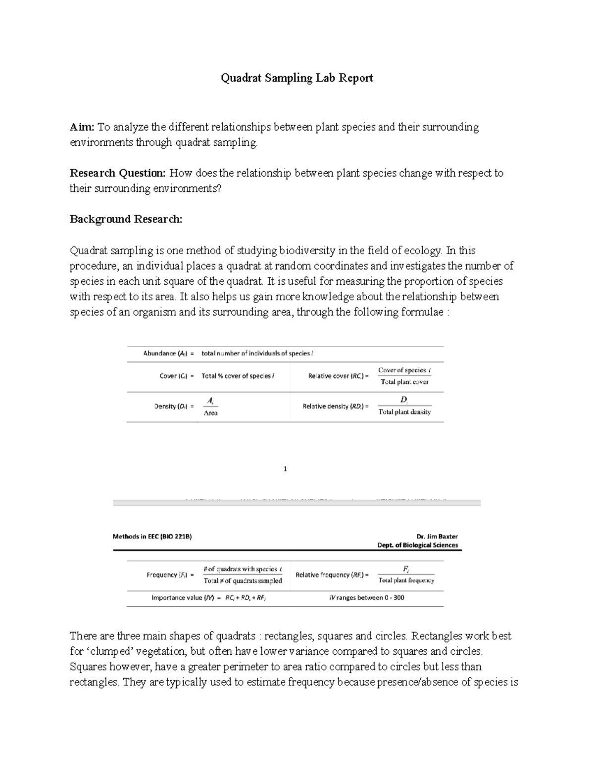Quadrat Sampling Lab Report: Analyzing Plant Species & Environment ...