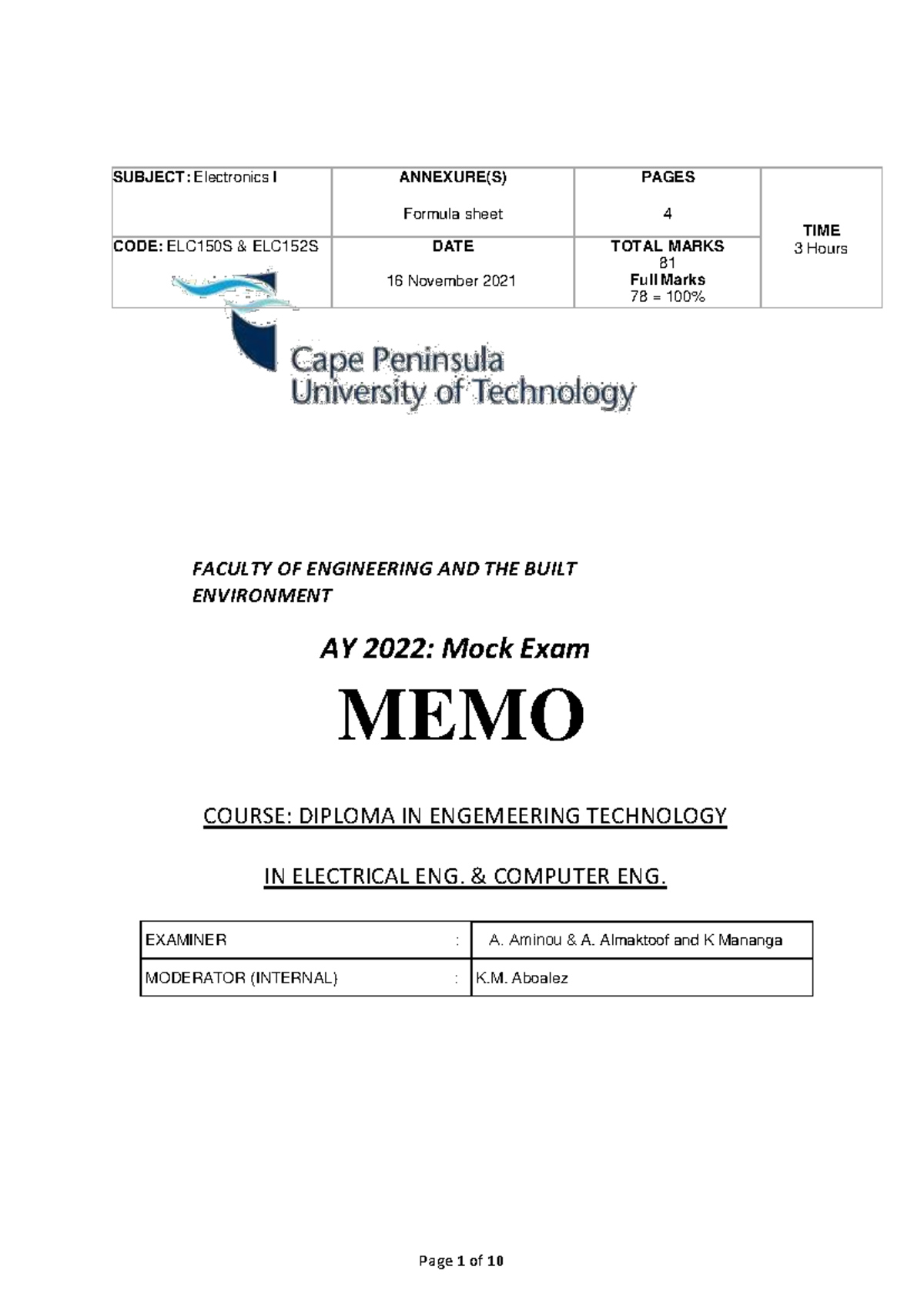 2021 Mock Exam Memo for ELC150S & ELC152S - Electronics I - Studocu