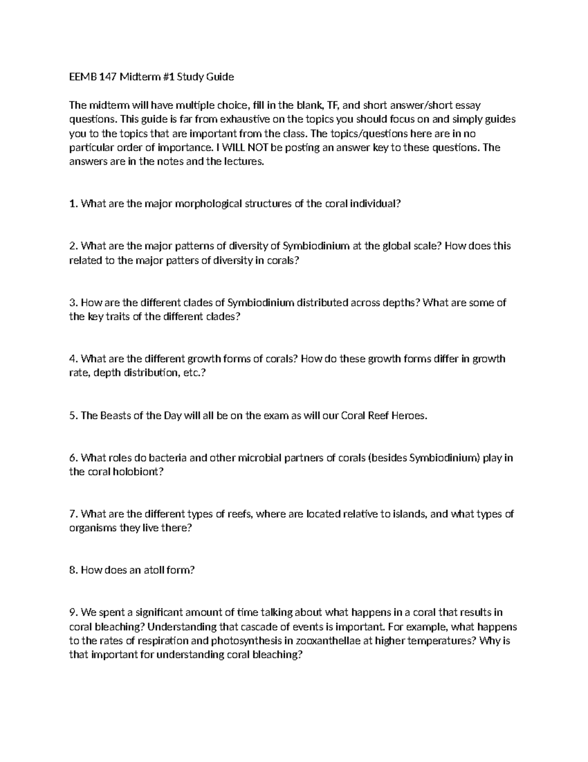 Study Guide EEMB 147 Midterm 1 - EEMB 147 Midterm #1 Study Guide The ...