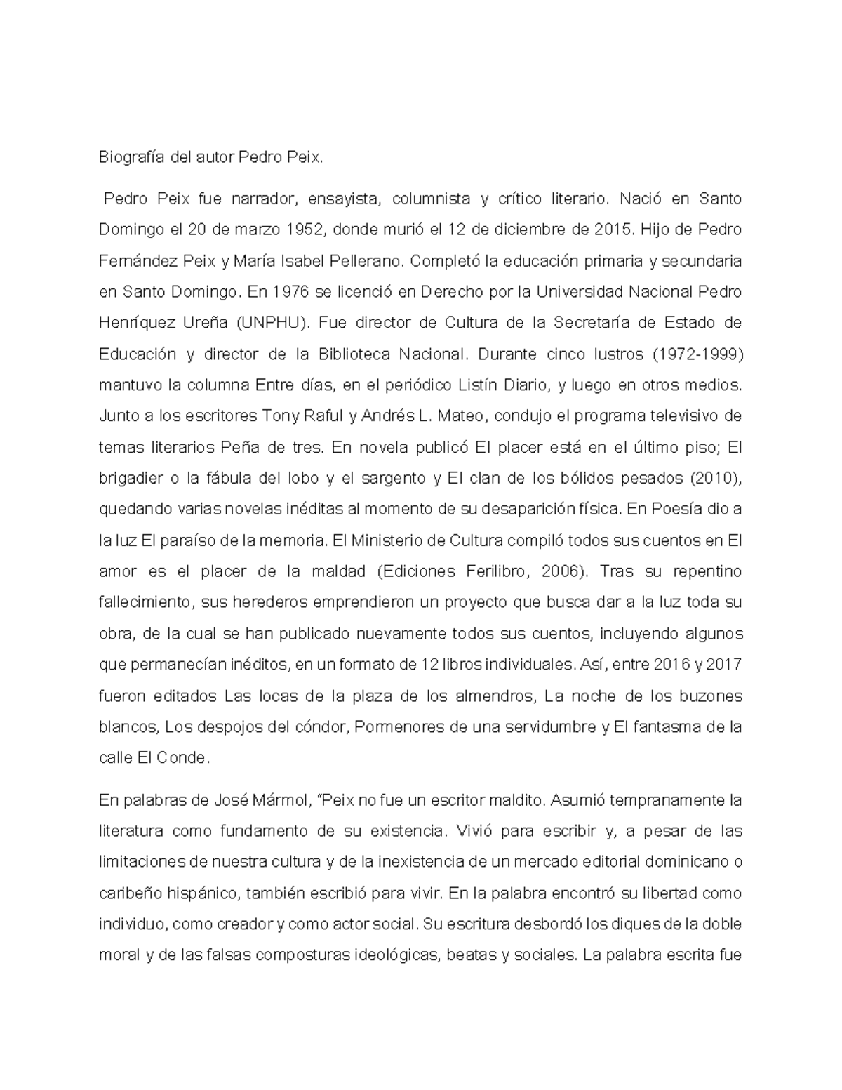 Biografía de Pedro Peix: Narrativa y Legado Literario - Studocu