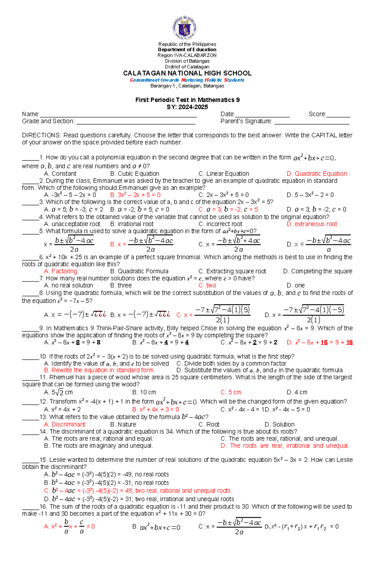 First Periodic Test in MATH 9 SY 2024-2025 with Answer Key - Studocu
