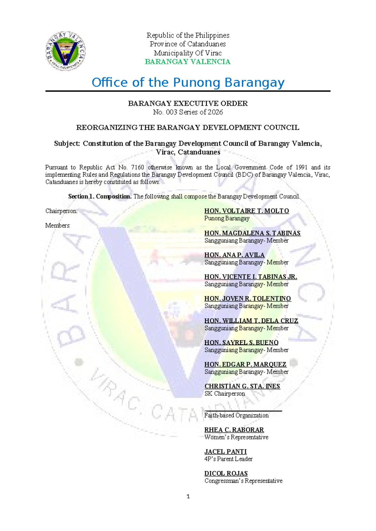 Barangay Valencia BDC Executive Order No. 003-2026 - Studocu