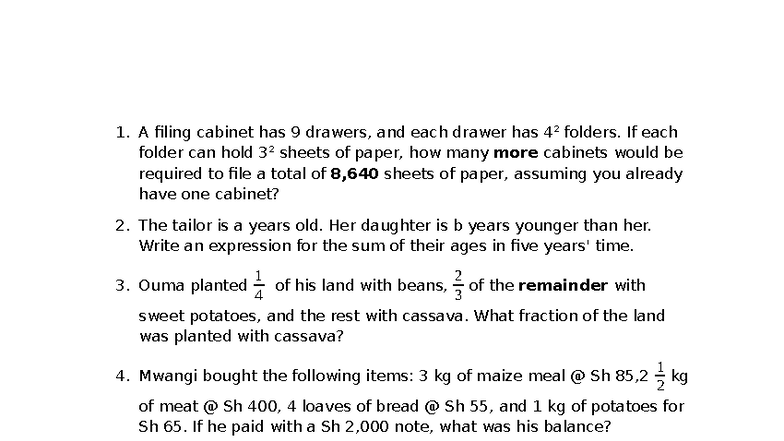 Grade 7 & 8 QUIZ 11TH NOV - Familiar Math Problems - Studocu