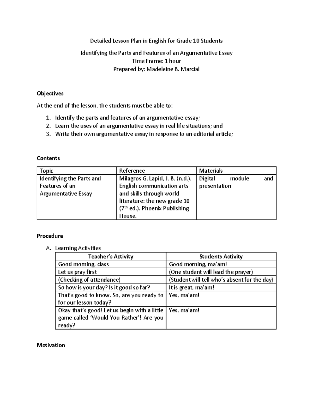 Lesson Plan on Argumentative Essay - Detailed Lesson Plan in English ...