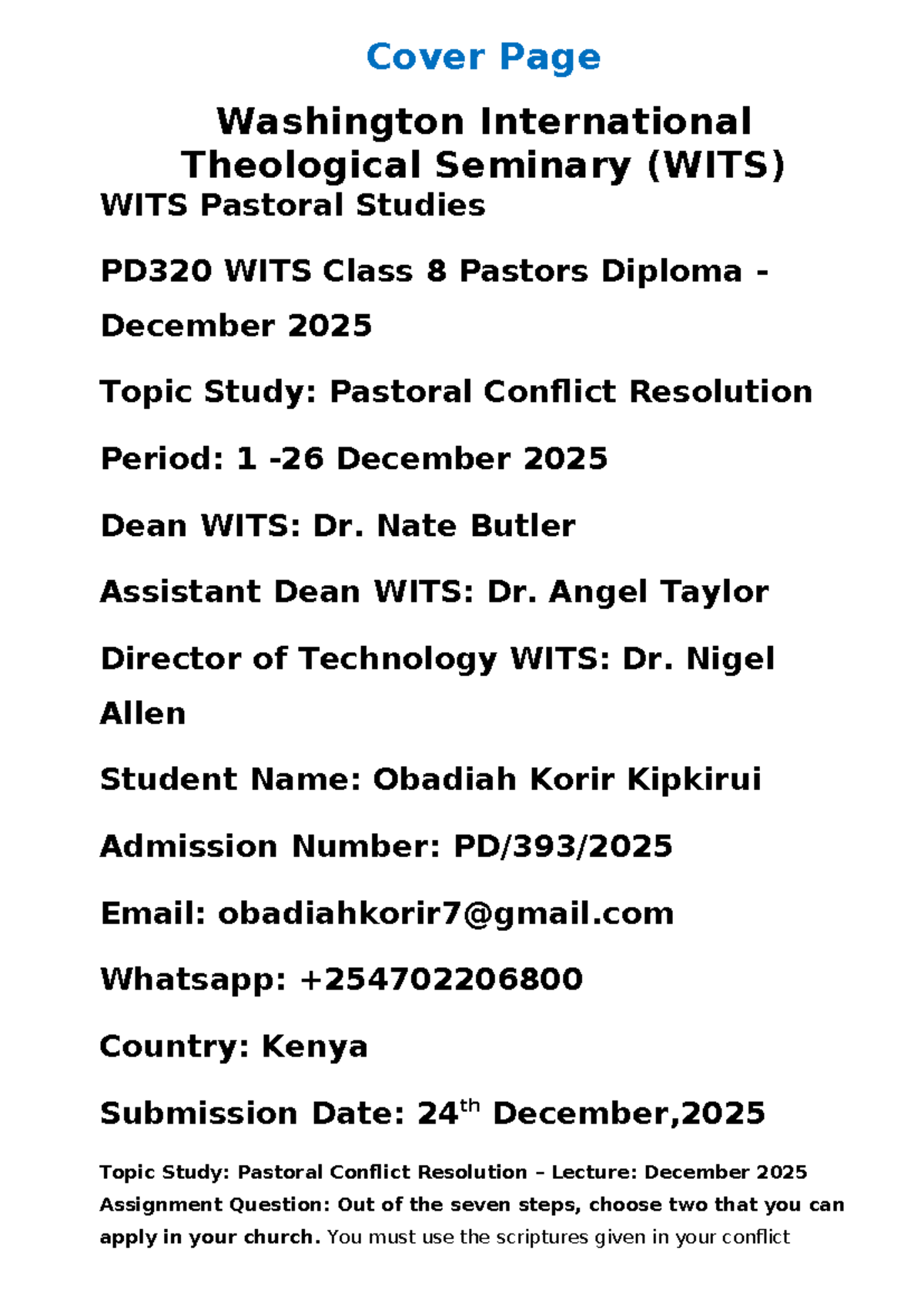 Pastoral Conflict Resolution Assignment PD320 December 2025 - Studocu