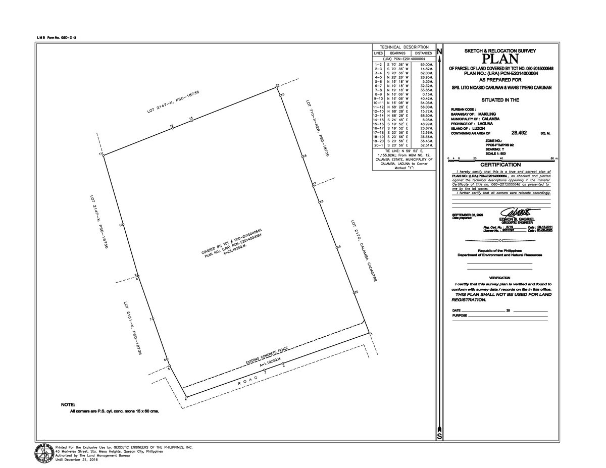 LMB Technical Description & Survey Plan (LRA) for Calamba, Laguna - Studocu