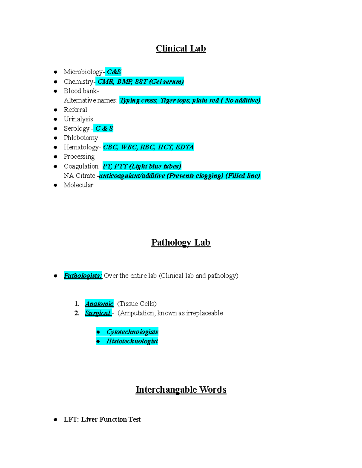 Clinical Lab and Pathology Notes: Key Tests & Procedures (CMR) - Studocu