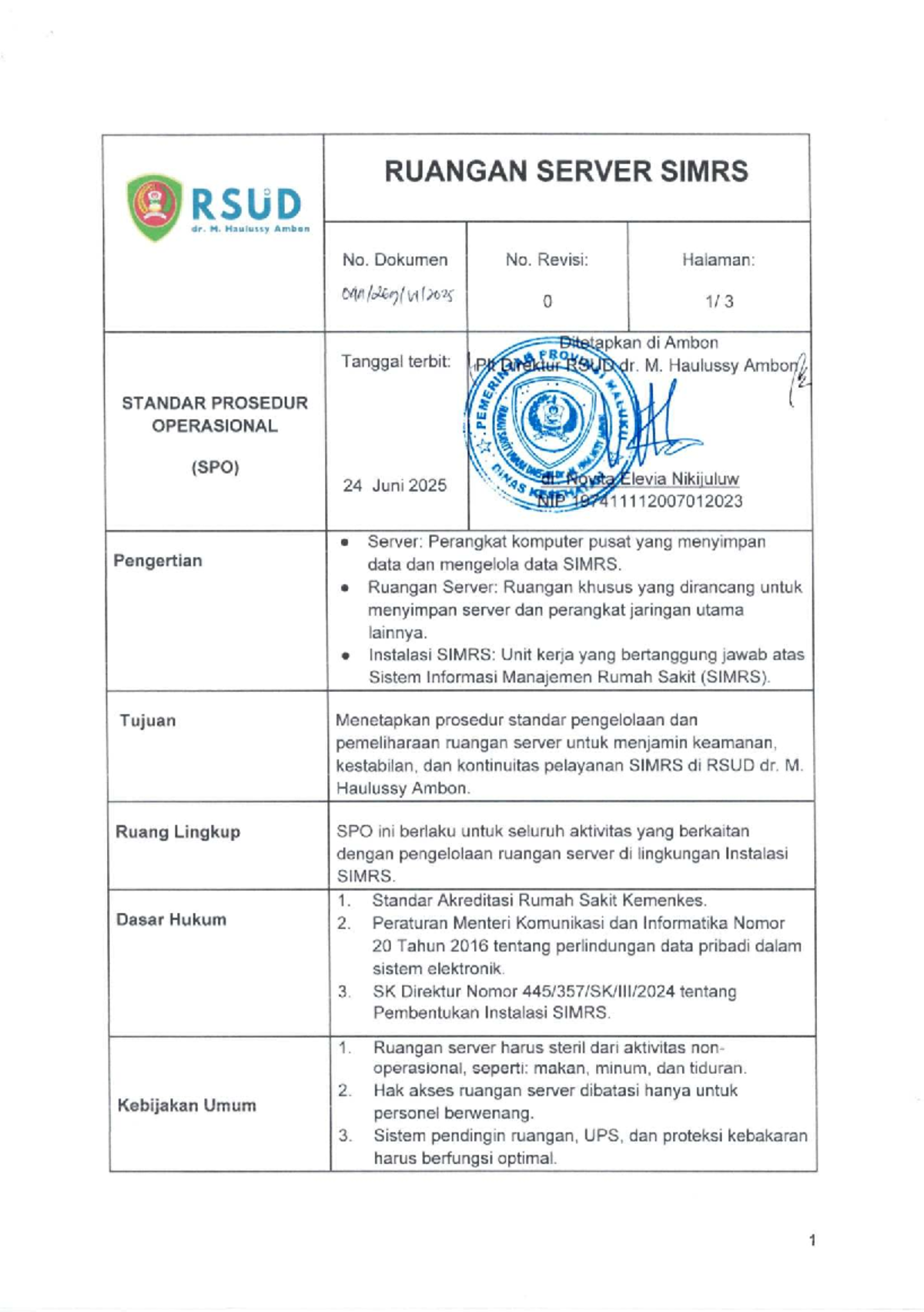 SPO SIMRS: Standar Prosedur Operasional Ruangan Server RSUD dr. M ...