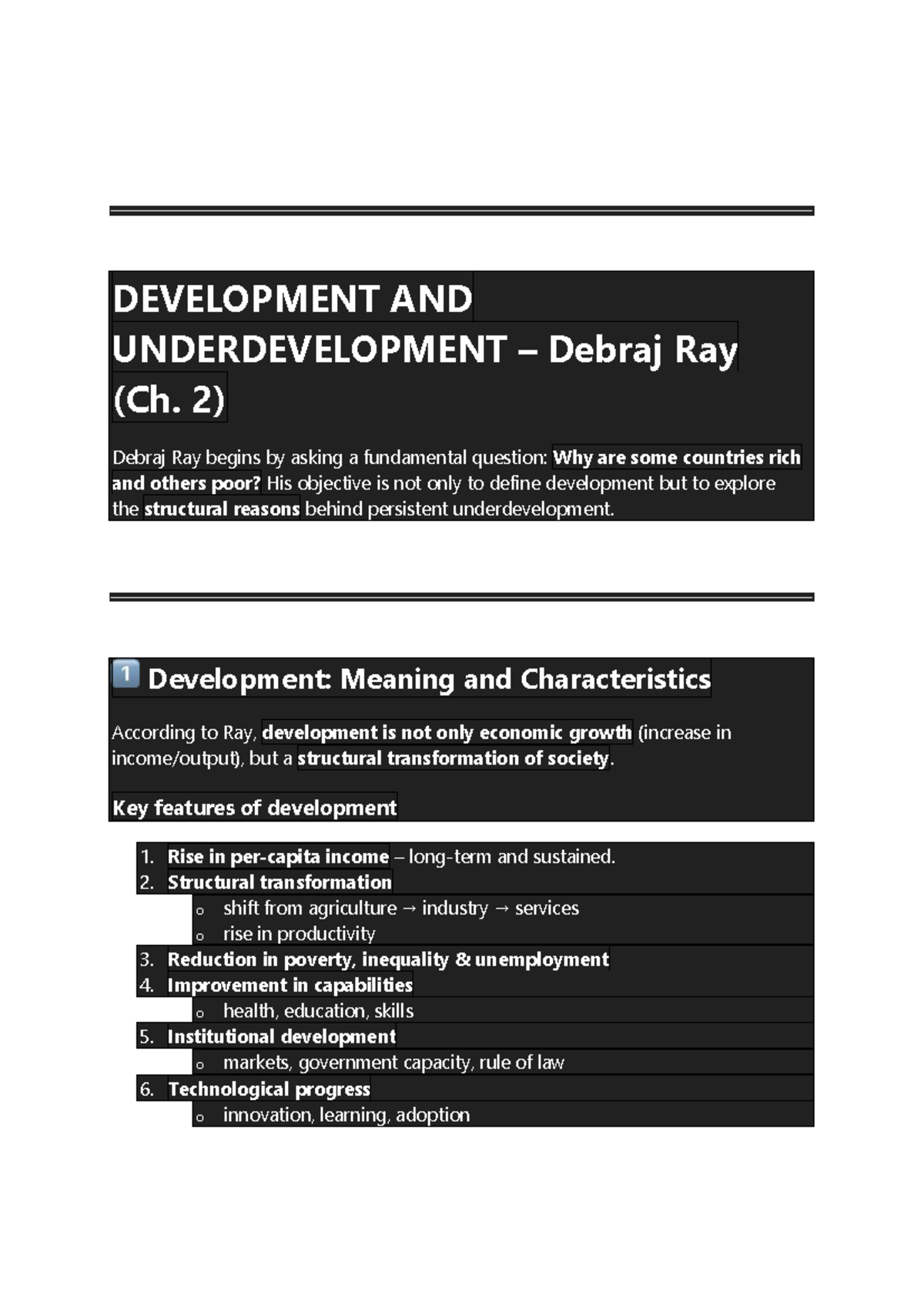 DEVELOPMENT AND UNDERDEVELOPMENT: Insights from Debraj Ray (Ch. 2 ...