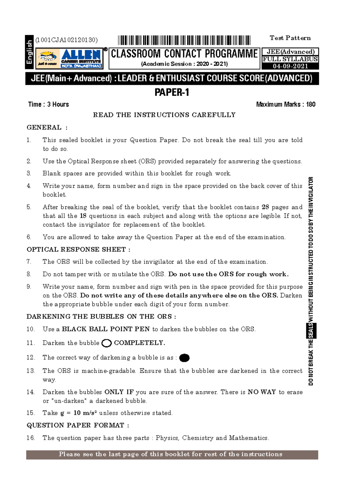 JEE(1001CJA102120130) Advanced 2020 Sample Paper 1 Mock Test - Studocu