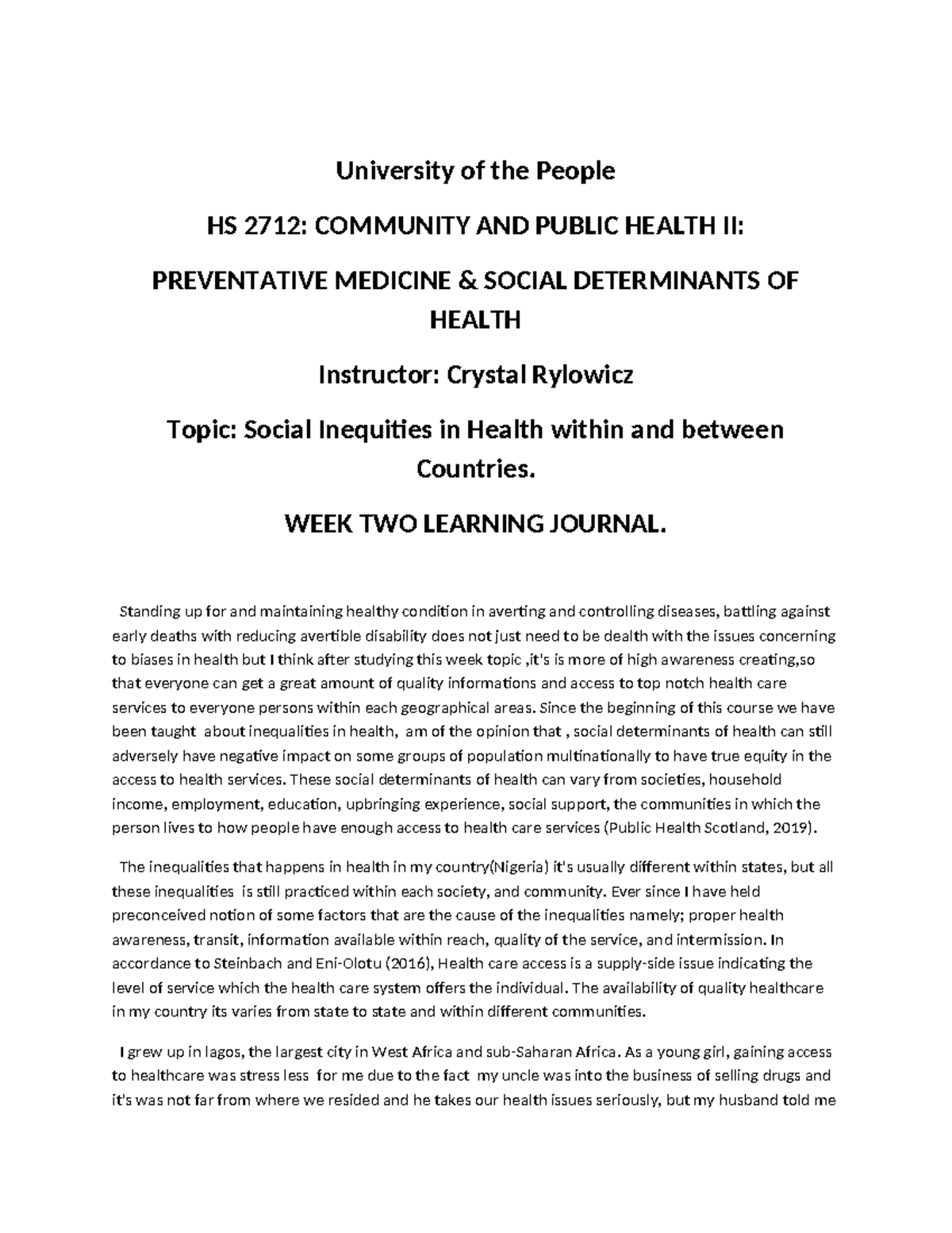 HS 2712: Community & Public Health II - Week 2 Learning Journal on ...