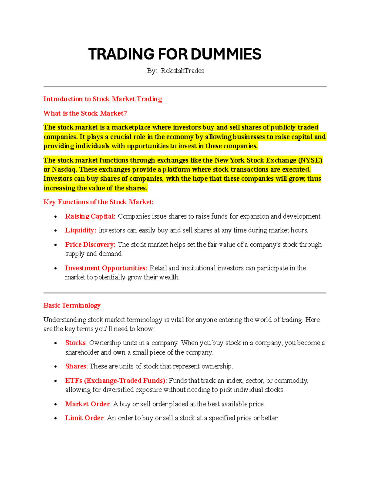 TRADING 101: RokstahTrades Intro to Stock Market Basics - Studocu