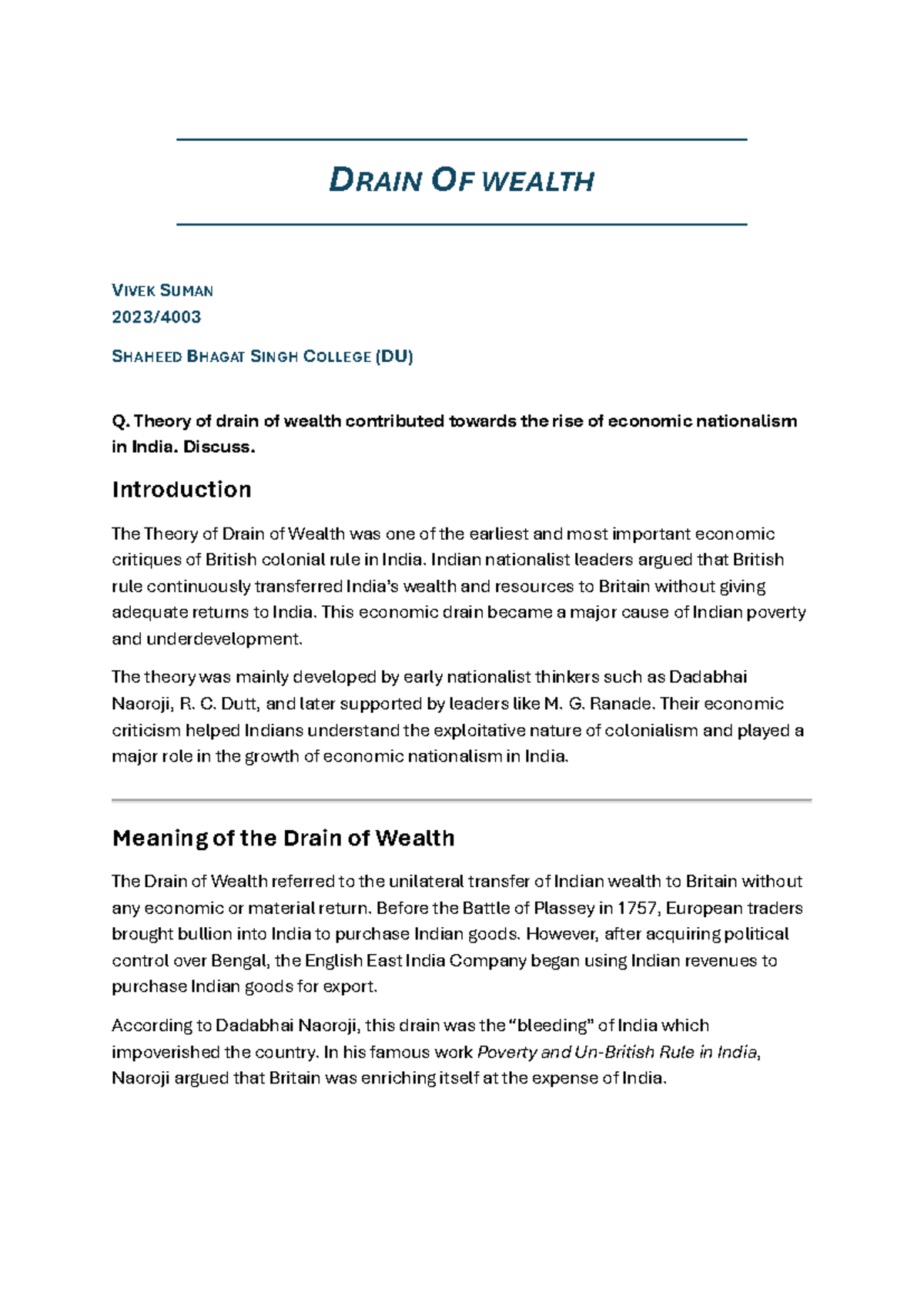 Theory of Drain of Wealth and Economic Nationalism - Q. Exam Notes ...