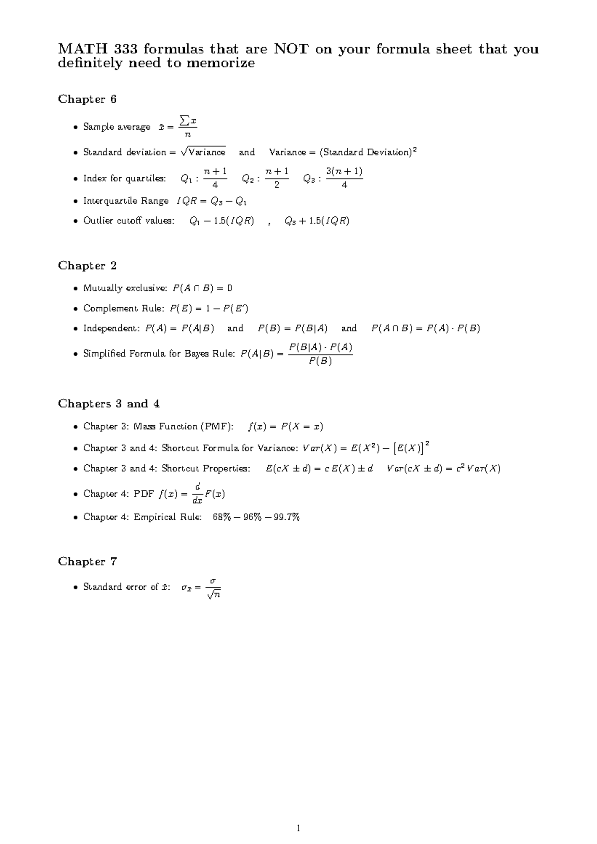 MATH 101: Essential Formulas to Memorize for Chapters 2-7 - Studocu