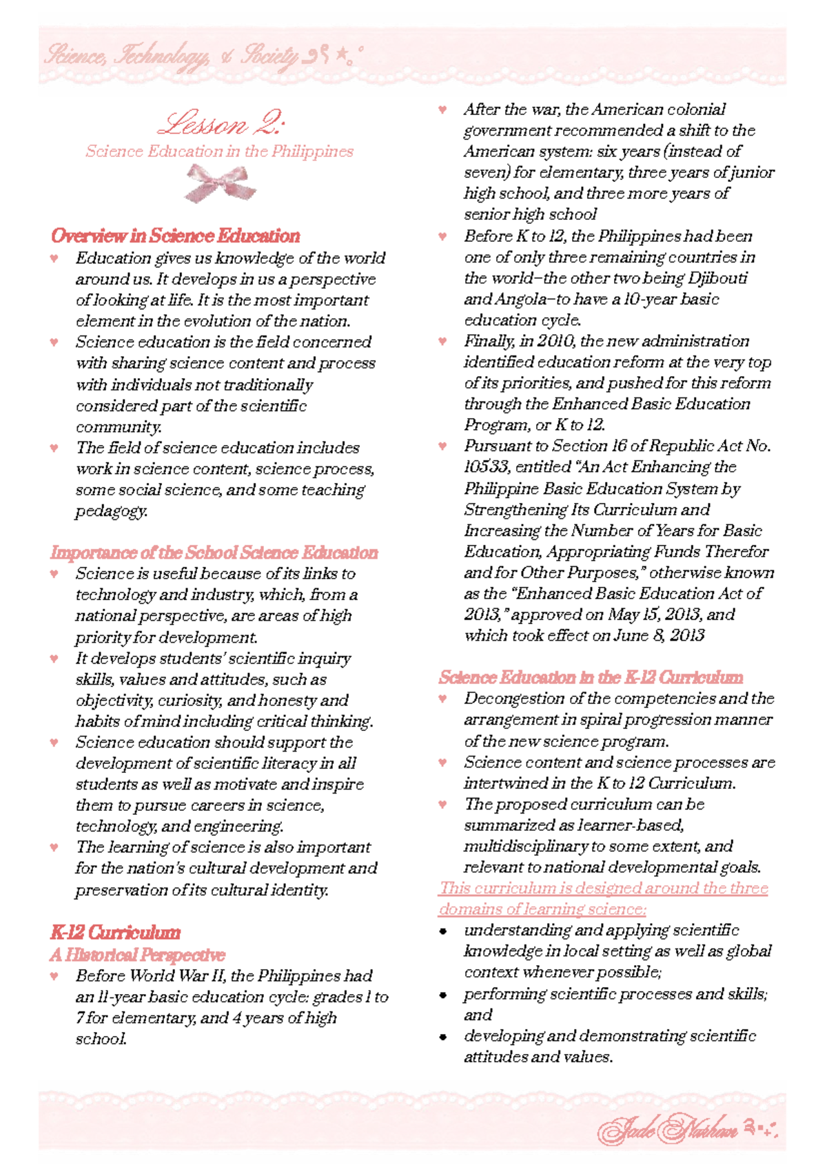 K to 12 Science Education: Lesson 2 Overview and Insights - Studocu