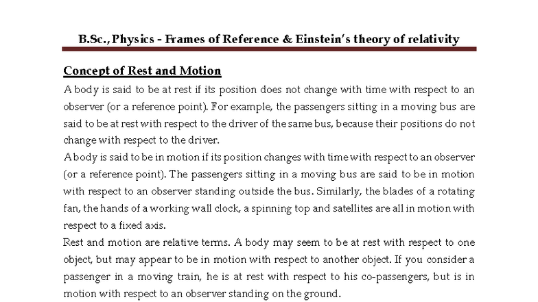 B.Sc. Physics: Frames of Reference & Theory of Relativity Notes - Studocu