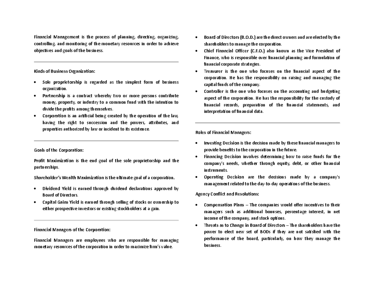 Financial Management (FIN 101) - Comprehensive Reviewer Guide - Studocu