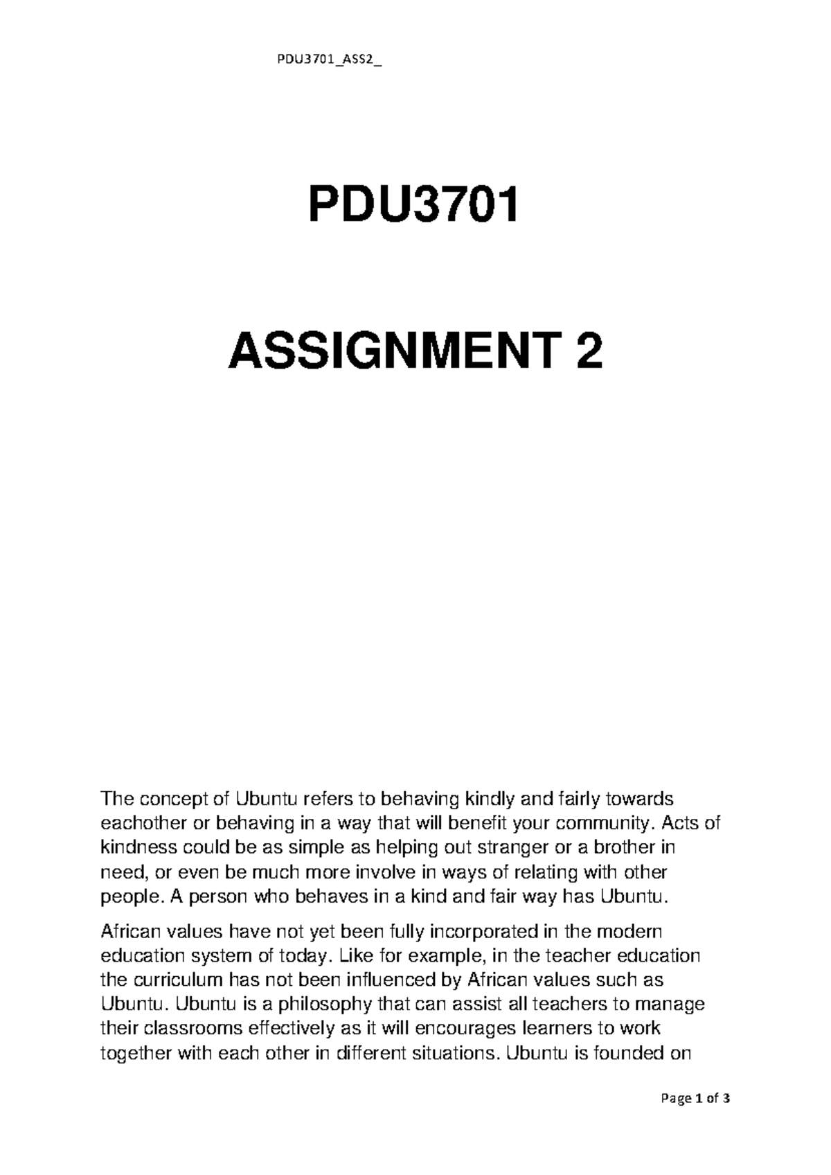 PDU3701 ASS2 - ASSIGNMENT - PDU3701_ASS2_ Page 1 of 3 PDU ASSIGNMENT 2 ...