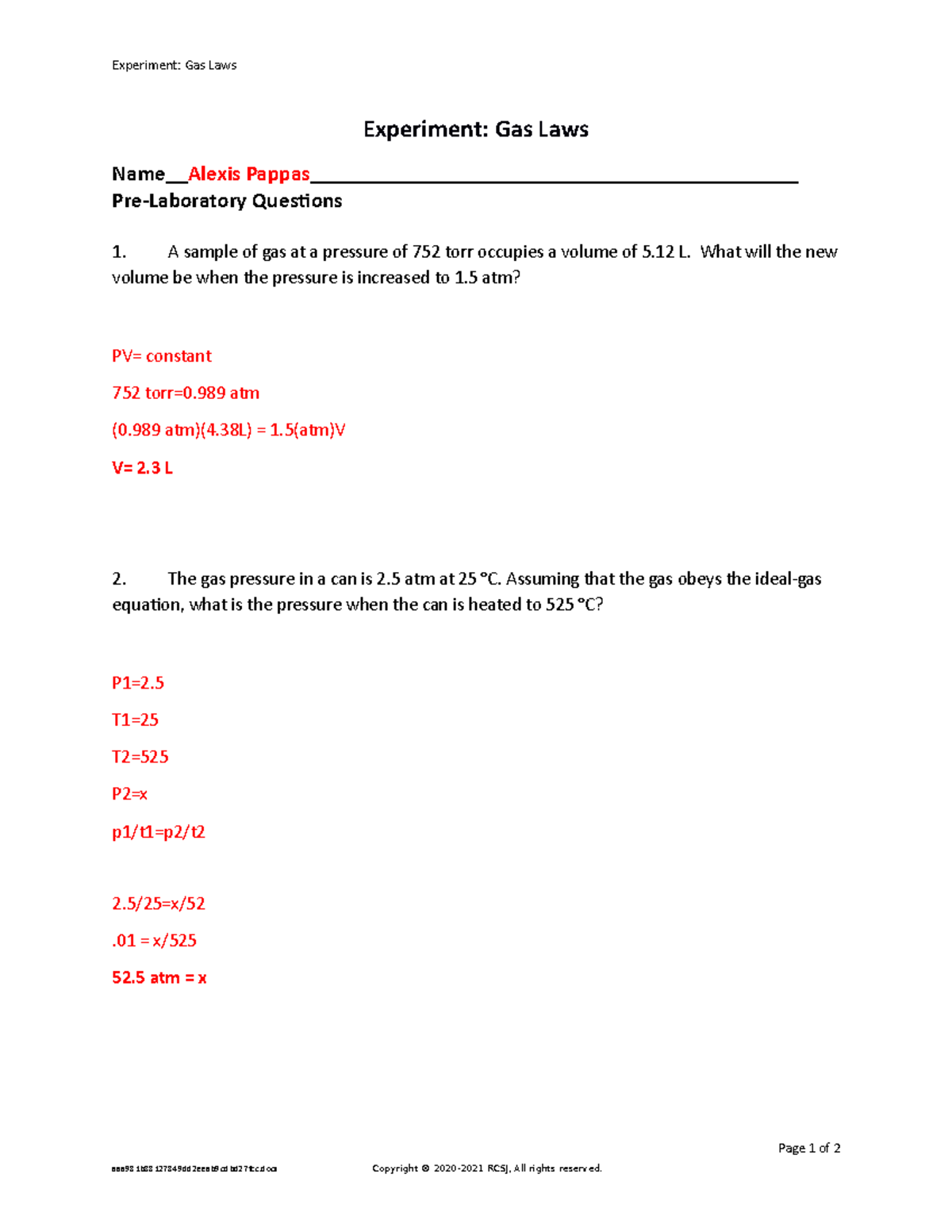Gas Laws Pre-lab Assignment - Experiment: Gas Laws Experiment: Gas Laws ...