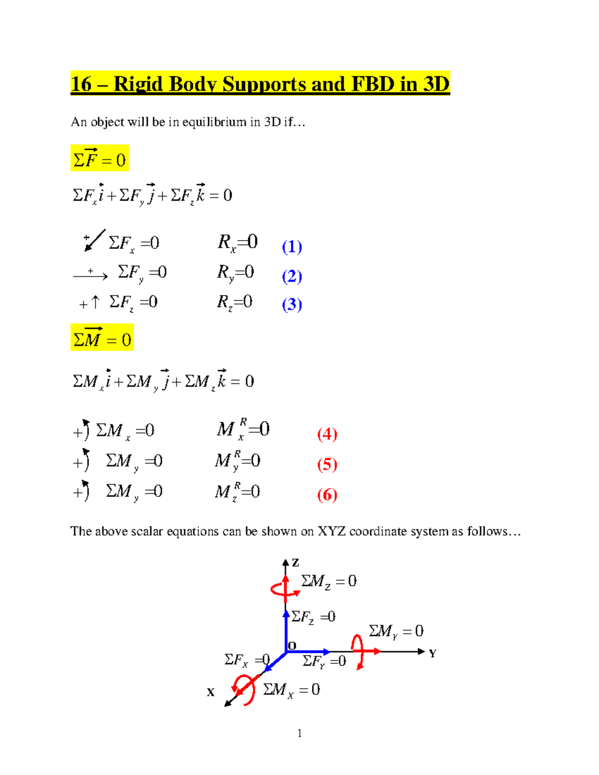 16-Rigid Body Supports and FBD in 3D - .. ΣF = 0 Σ Fx i+ΣFyj+ΣFzk= 0 Σ ...