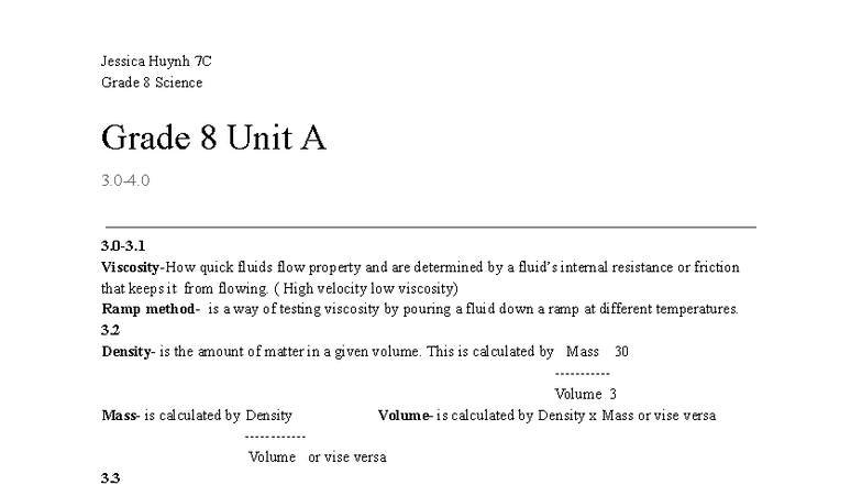 Grade 8 Science: Understanding Fluid Properties and Viscosity - Studocu