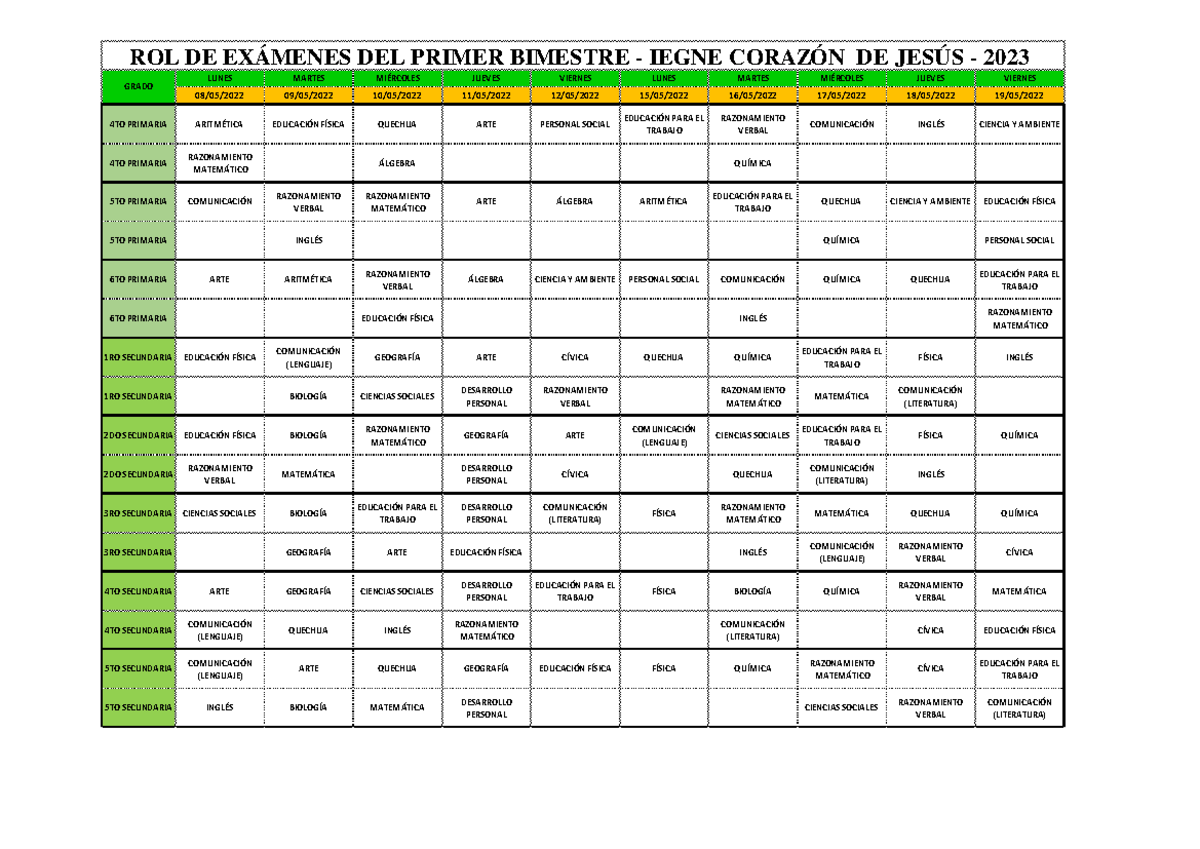 ROL DE EXÁMENES DEL PRIMER BIMESTRE IEGNE 2023 - Studocu