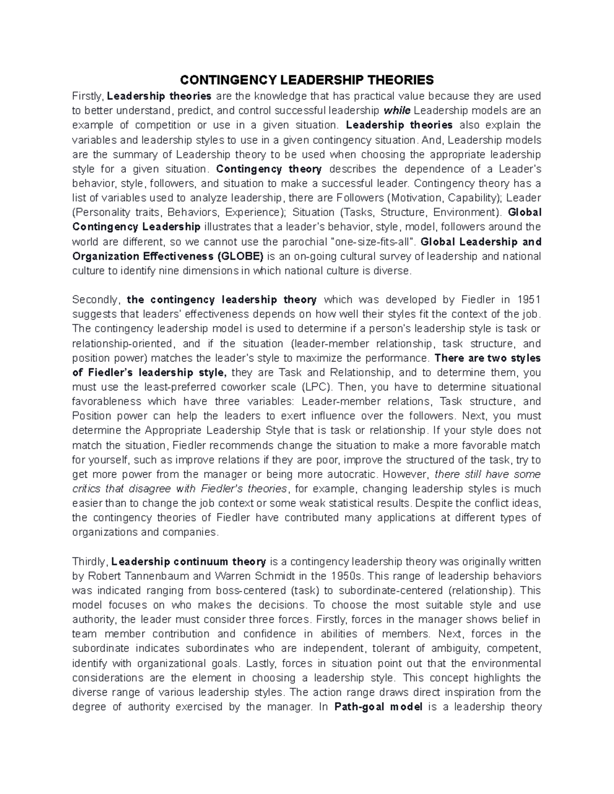 Summary of Chapter 4 - Leadership - CONTINGENCY LEADERSHIP THEORIES ...