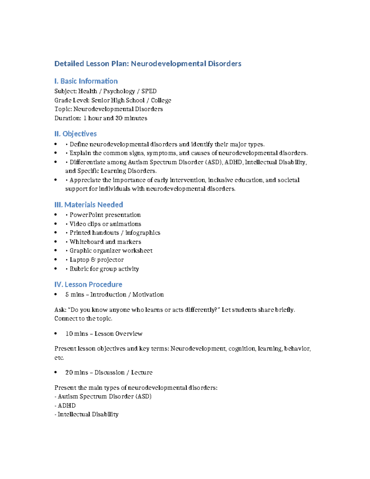 Lesson Plan: Neurodevelopmental Disorders I (Health Psychology SPED ...