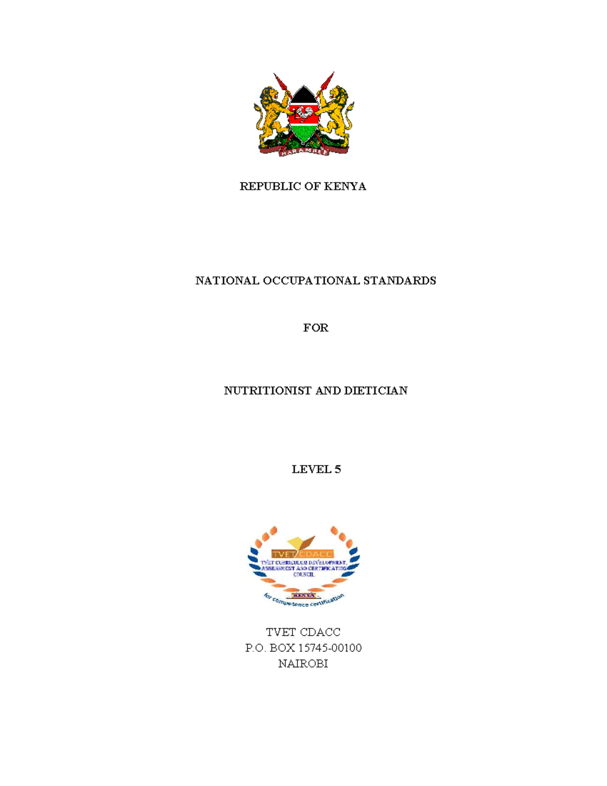 Occupational Standards for Nutritionists & Dieticians Level 5 - TVET ...