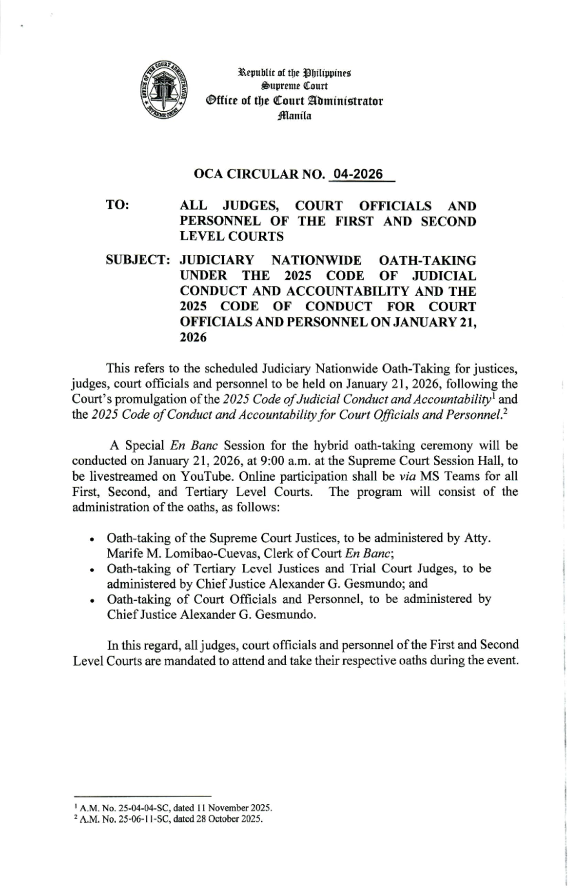 OCA Circular No. 2026-01: Nationwide Judiciary Oath Taking Event - Studocu