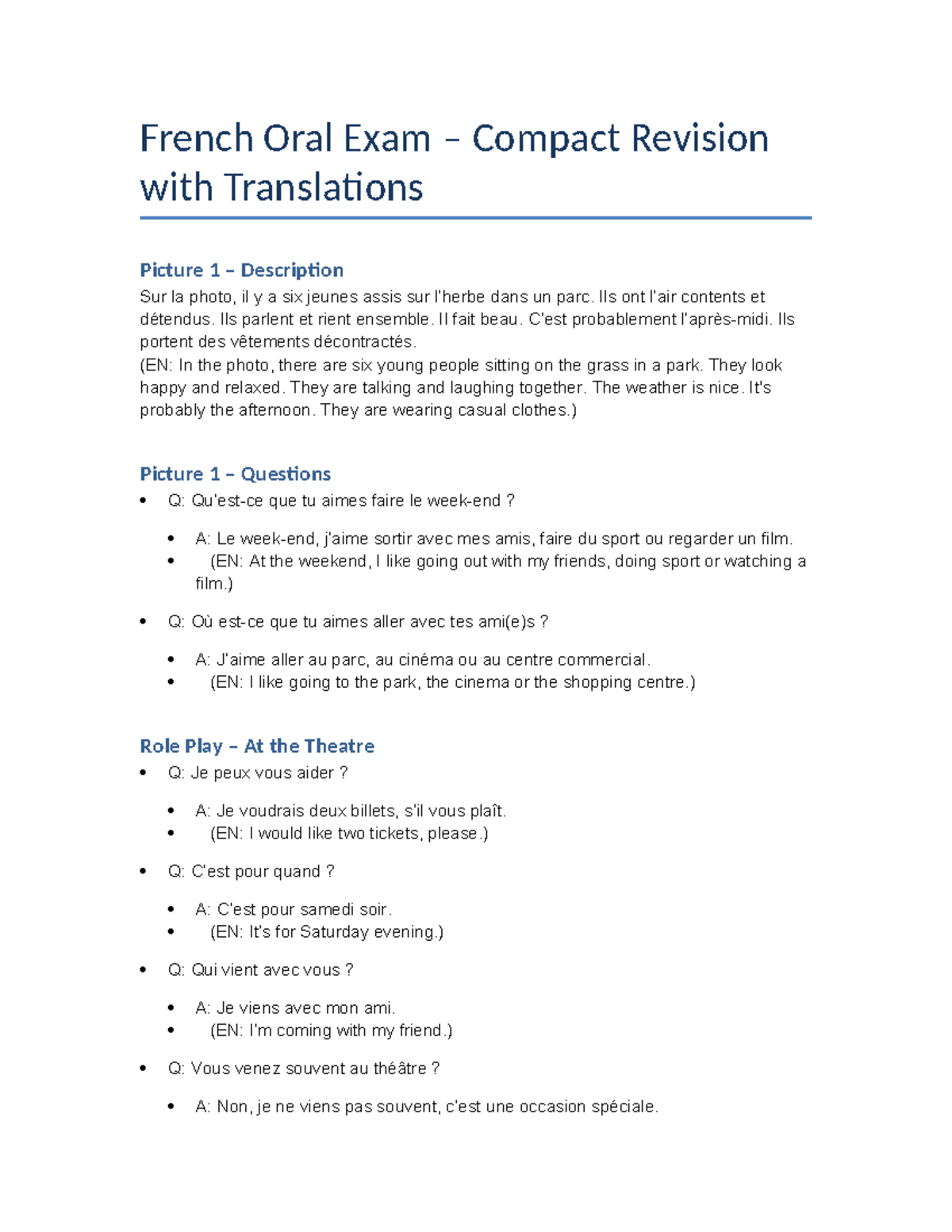 French Oral Exam – Compact Revision with Translations (FRE 101) - Studocu