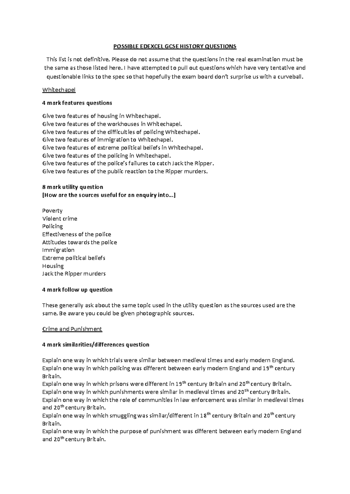 Possible Edexcel GCSE History Exam Questions & Study Guide - Studocu