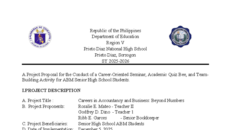 Project Proposal: Seminar & Quiz Bee for ABM Students (SY 2025) - Studocu