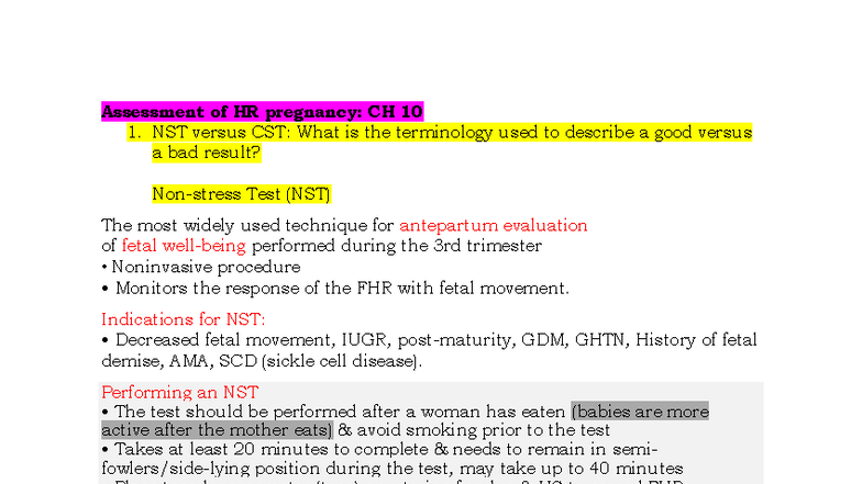 Assessment of HR Pregnancy: OB Exam 2 Review on NST and CST - Studocu