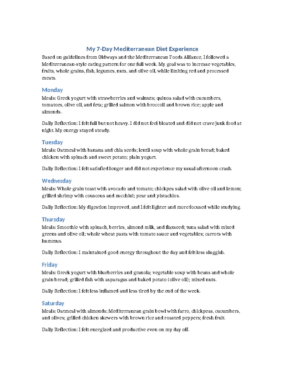 Mediterranean Diet Project: A Week of Healthy Eating Insights - Studocu