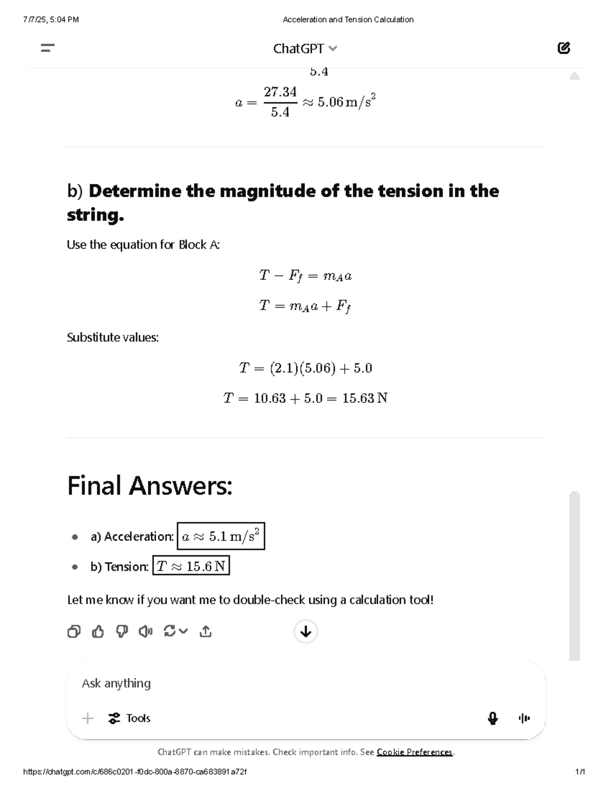 Acceleration and Tension Calculation - b) Determine the magnitude of ...
