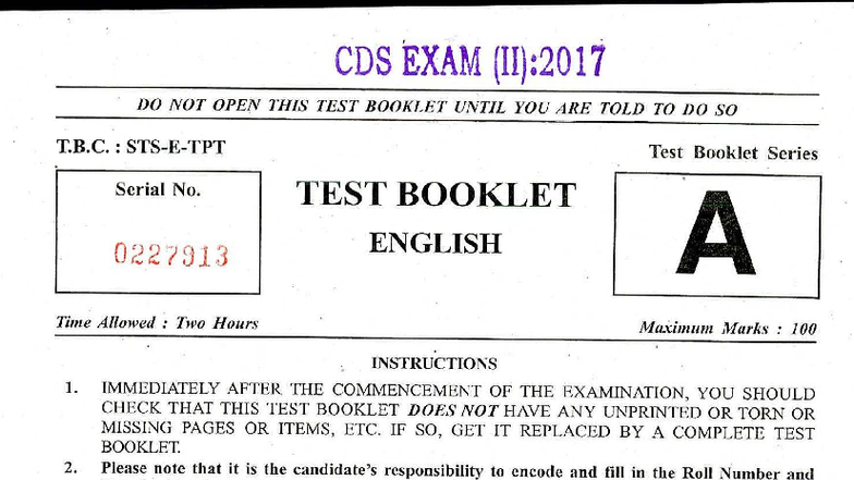 CDS-2 English Exam 2017: Test Booklet Instructions and Questions - Studocu