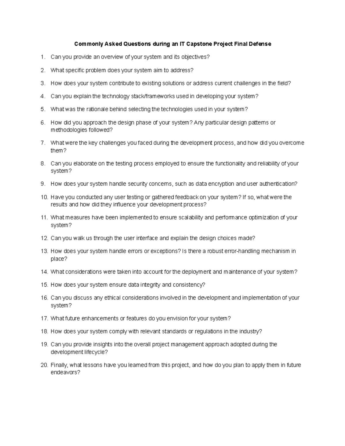 Commonly Asked Questions for IT Capstone Defense (IT 499) - Studocu