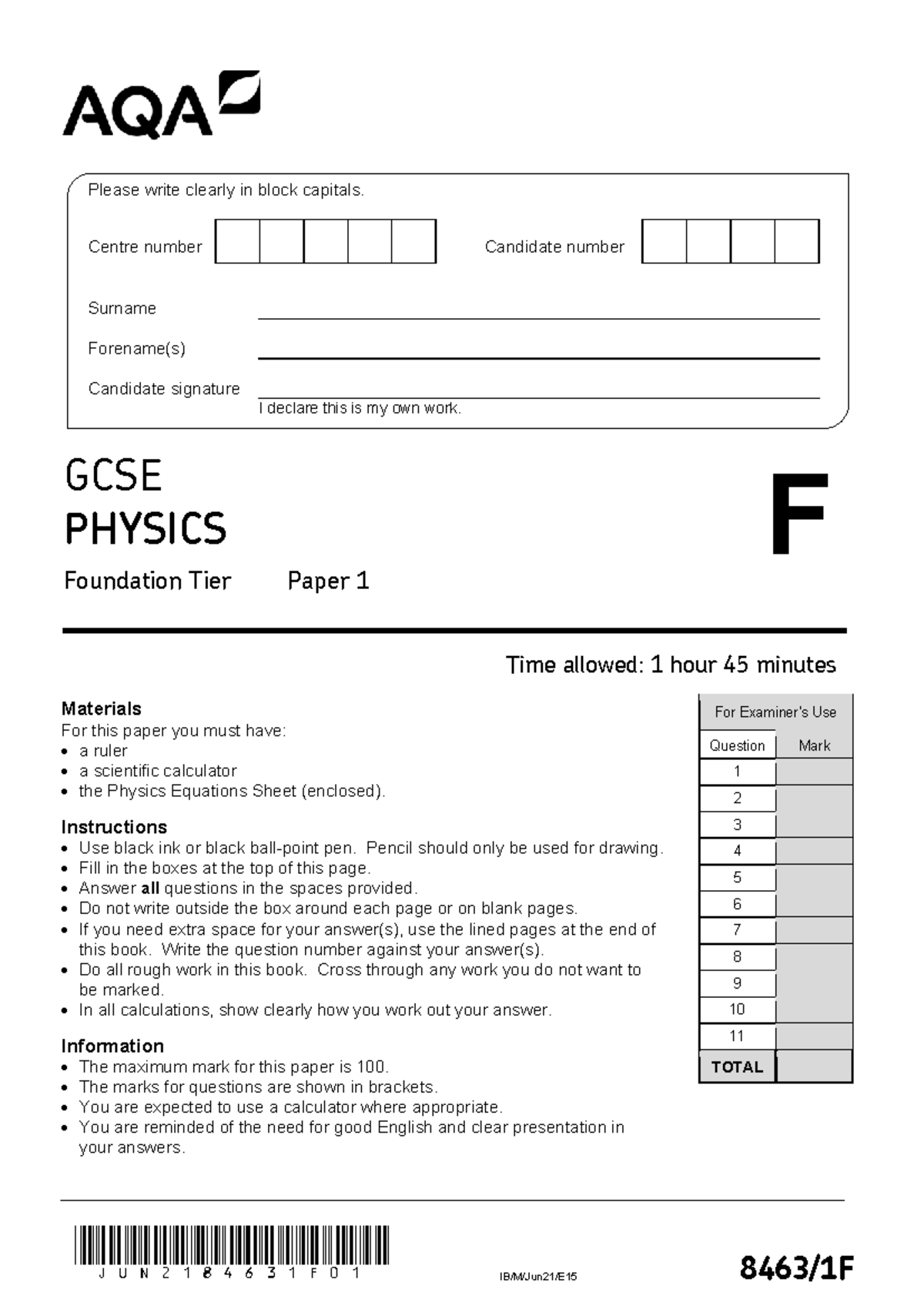 AQA-84631 F GCSE Physics Foundation Tier Paper 1 Exam Nov 2021 - Studocu