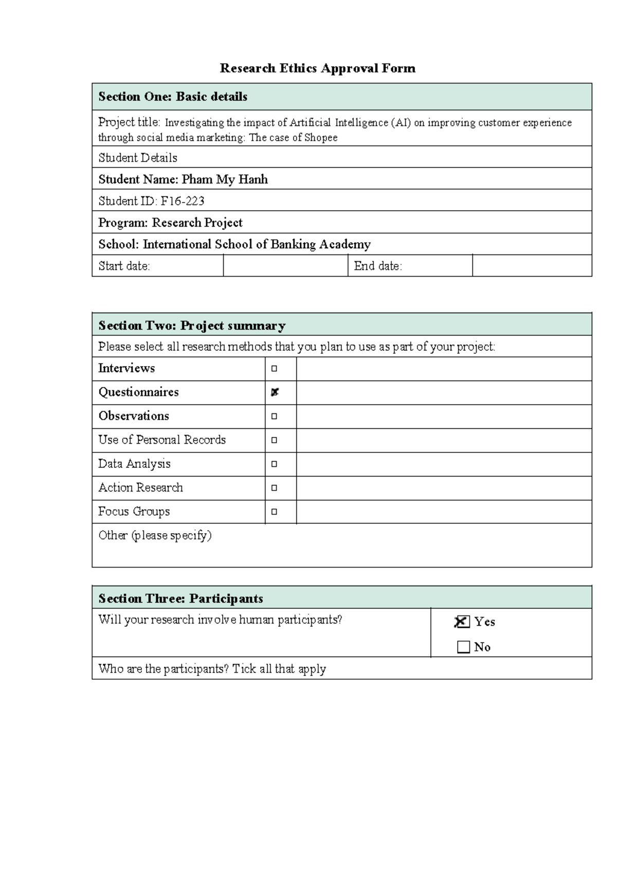 Research Ethics Approval Form - Research Ethics Approval Form Section ...