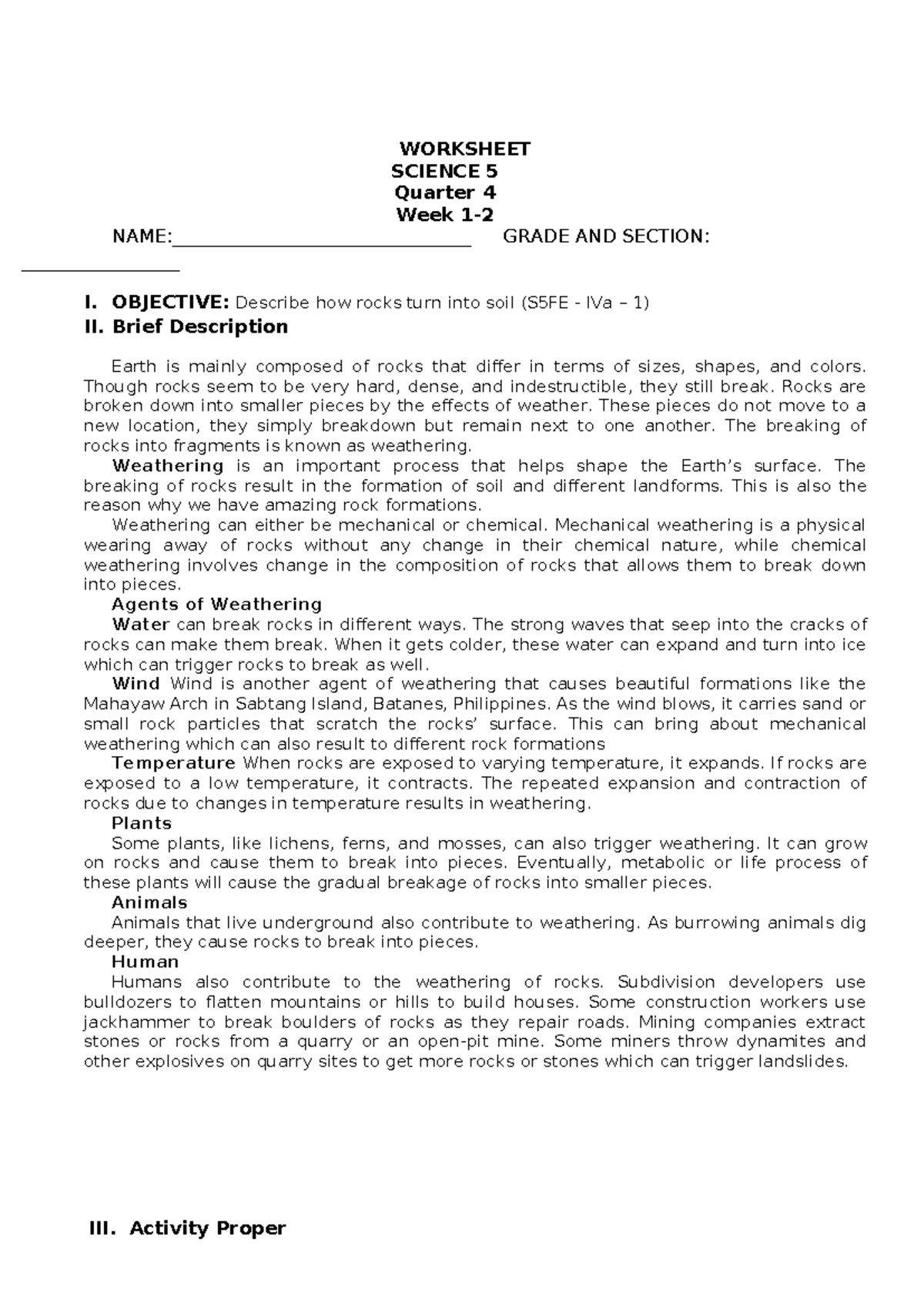 Q4 W1-2 IN Science 5 - WORKSHEET SCIENCE 5 Quarter 4 Week 1- NAME