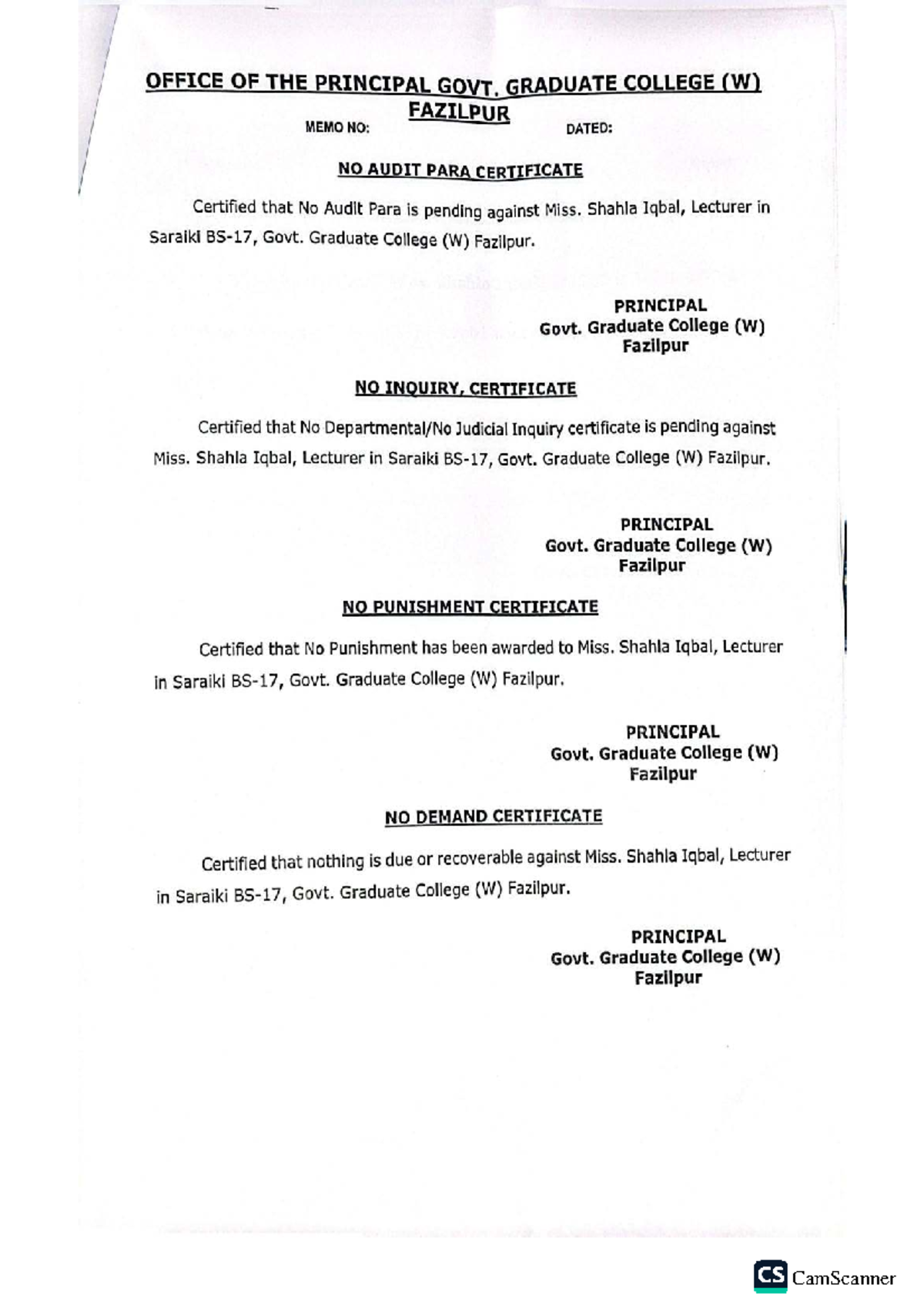 Certificate of Good Standing for Miss. Shahla Igbal - Study Document ...