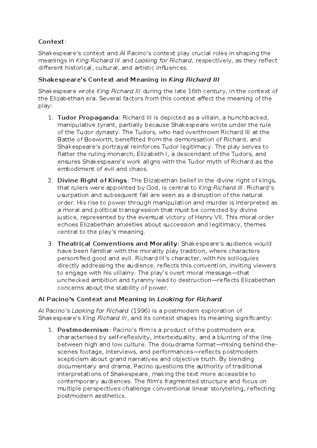 Contexts of King Richard III & Looking for Richard - Module A HSC - Studocu