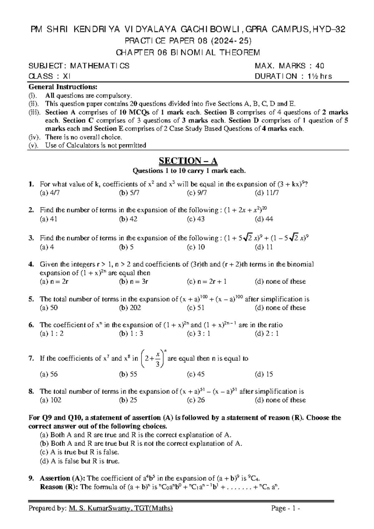 Maths Class XI Practice Paper 08: Chapter 06 - Binomial Theorem - Studocu