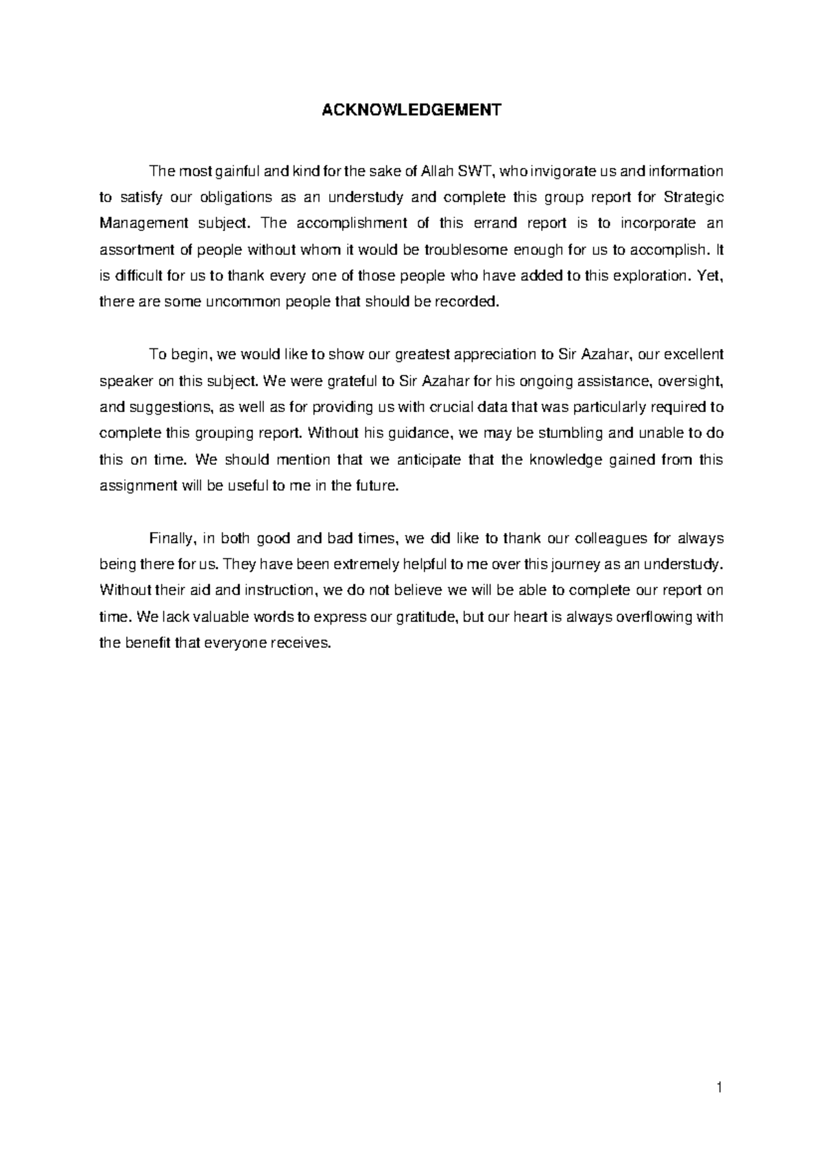 Acknowledgement and Strategic Analysis for MGT657 Assignment - Studocu