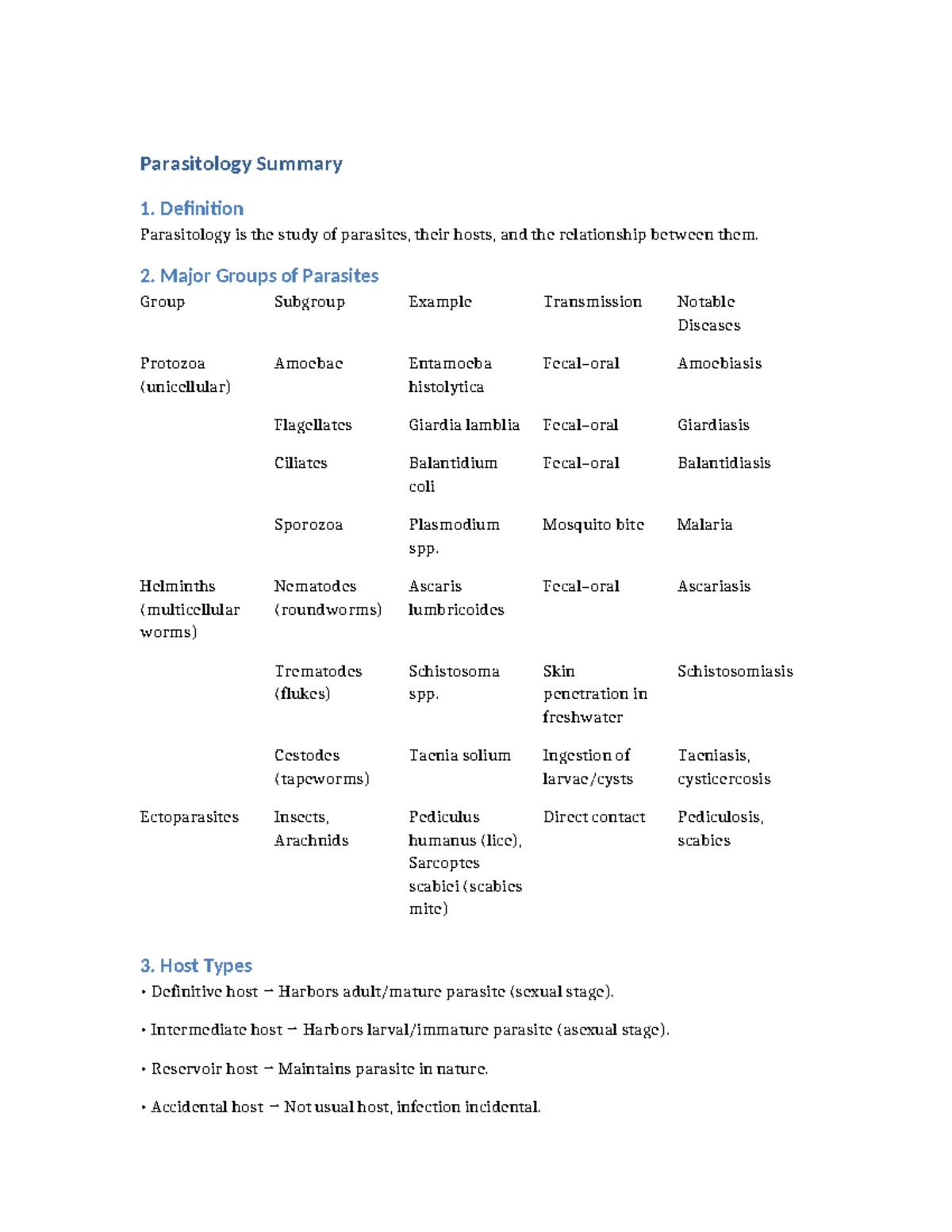Parasitology Summary: Key Concepts and Major Parasite Groups - Studocu