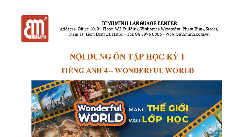 Nội dung Ôn Tập Học Kỳ 1 Tiếng Anh 4 - WW4 - Studocu