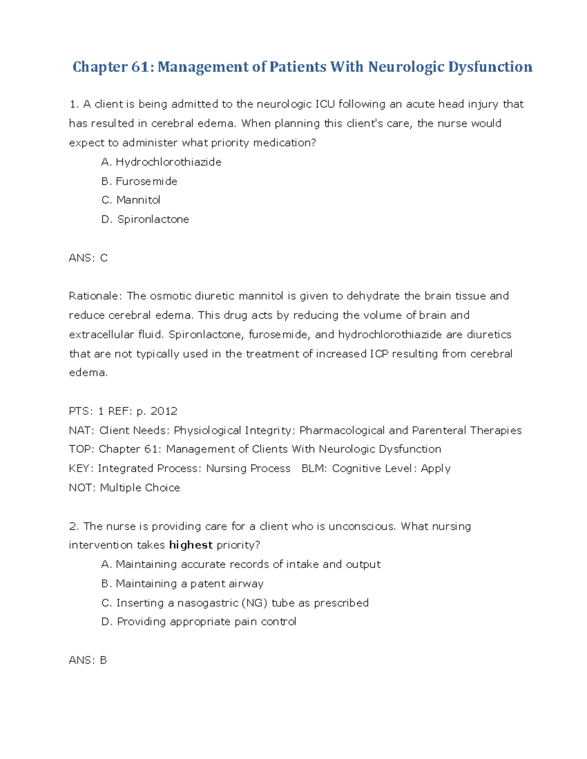 TG Neurologic Dysfunction: Chapter 61 Study Guide and Review - Studocu