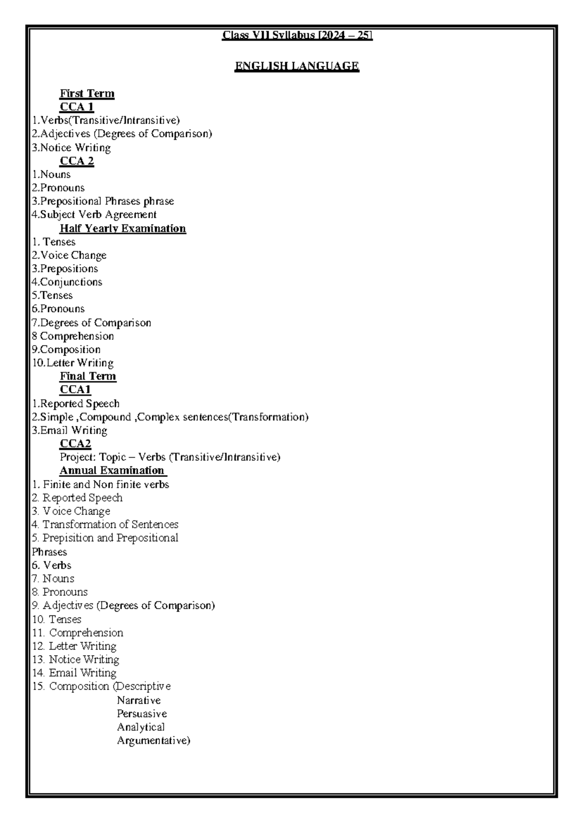 Class VII Complete Syllabus Overview for 2024-25 - Studocu