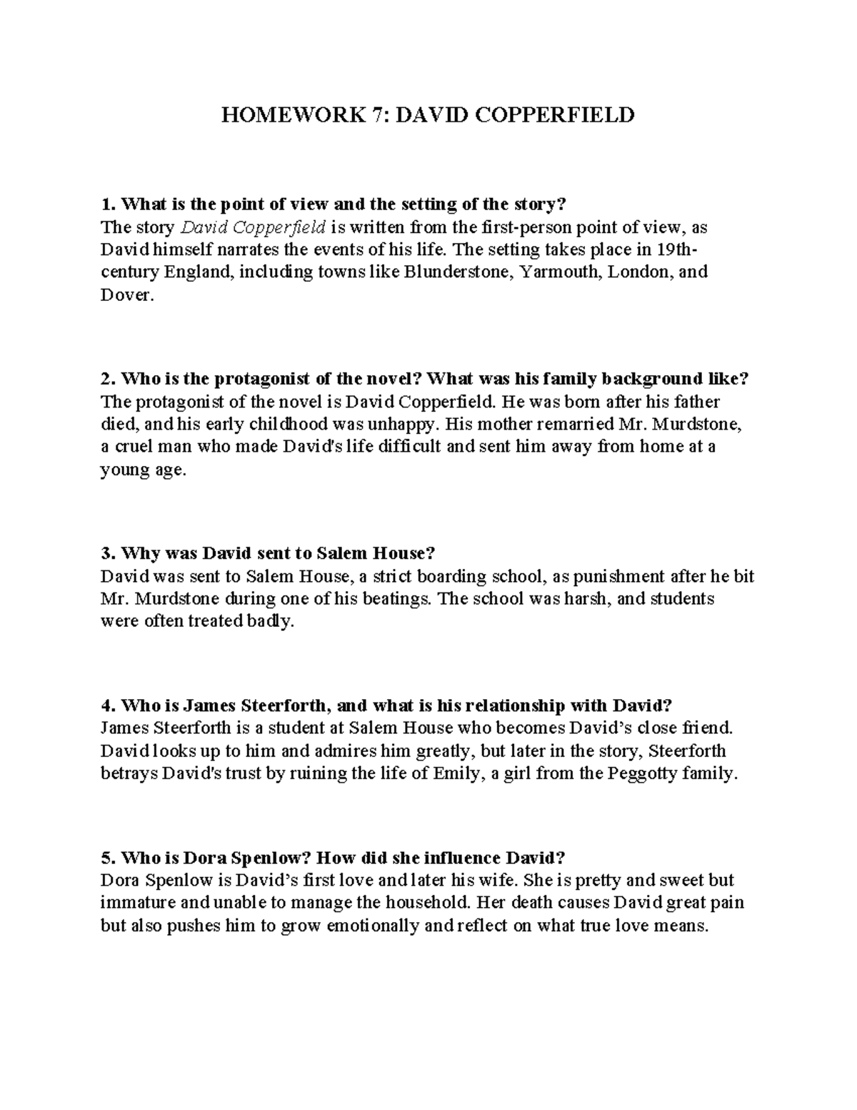 Homework 7: Analysis of David Copperfield's POV and Characters - Studocu